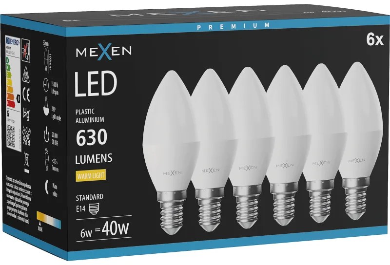 Mexen Nova 6x LED žárovka E14, C37, 6W, Teplá - 3000K, 630 lm - L102-E14-0630-01x06