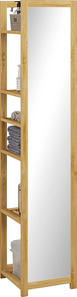 HOMCOM Koupelnová sloupová skříň s zrcadlem a 6 policemi v přírodním bambusu, 35D x 35Š x 168V cm