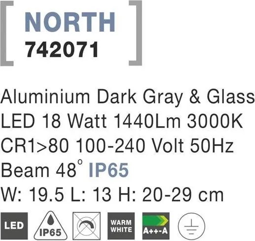 NV 742071 Venkovní reflektor NORTH hliník tmavě šedá a sklo LED 18W 3000K 100-240V 48st. IP65 - NOVA LUCE