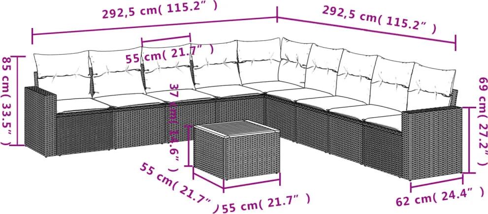 vidaXL 10dílná zahradní sedací souprava s poduškami polyratan [3256497] Barva: grey and dark grey