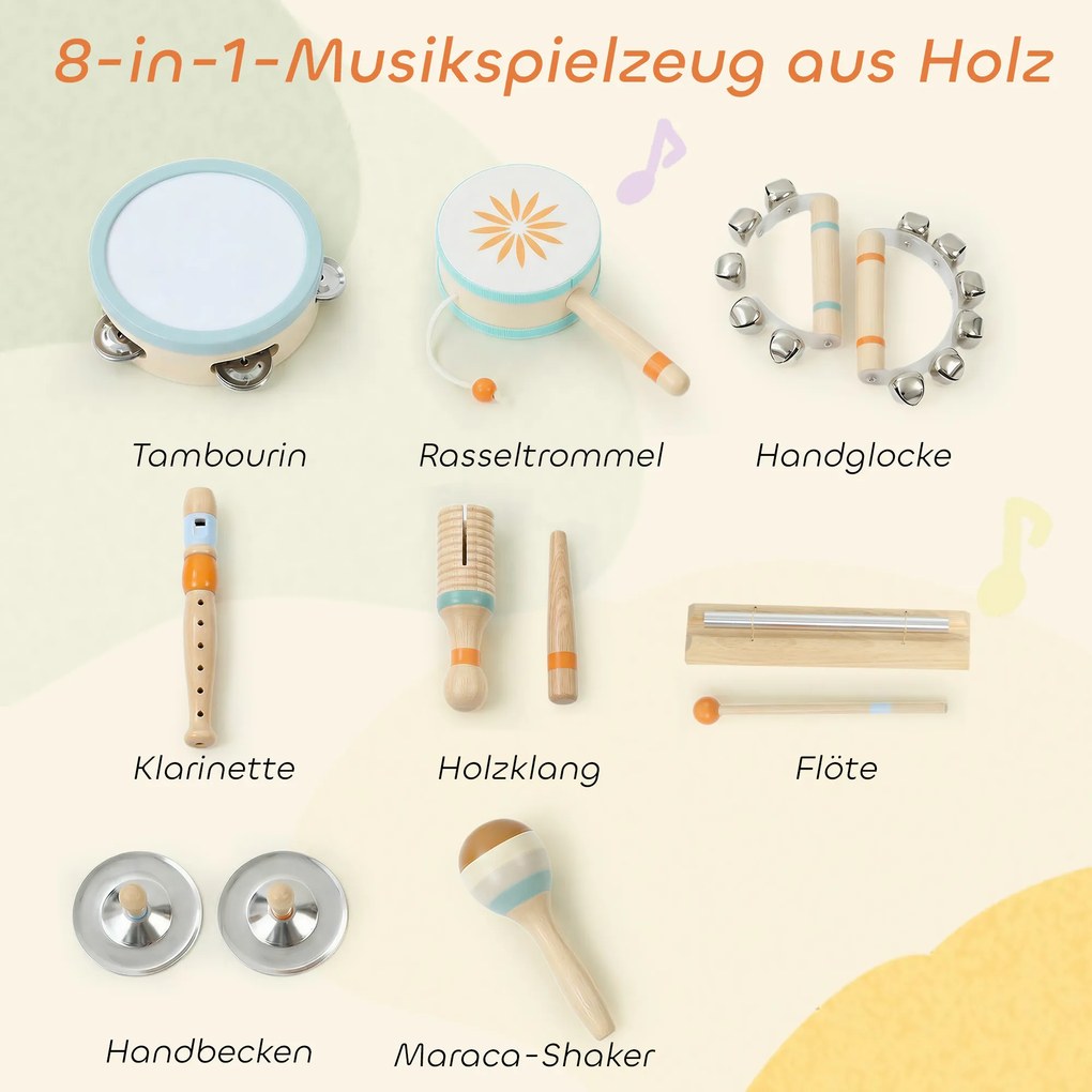 AIYAPLAY dětská sada hudebních nástrojů, 10-dílná Montessori sada nástrojů s tamburínou, chrastítky, bubnem, činely, flétnou