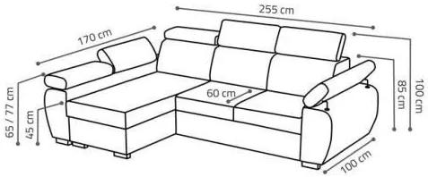 DABEK MEBLE SEATTLE rozkládací sedací souprava s úložným prostorem bílo - šedá 255 x 85 - 100 x 170 cm