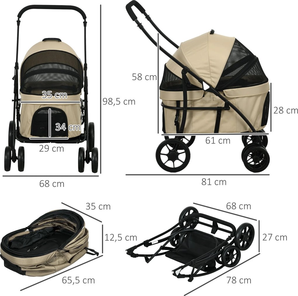 PawHut 2v1 Skládací Kočárek pro Psy a Kočky s Odnímatelným Houpacím Lůžkem, Polštářem, Bezpečnostním Pásku, Až 10 kg, Ocelový 81 x 68 x 98.5 cm, Khaki