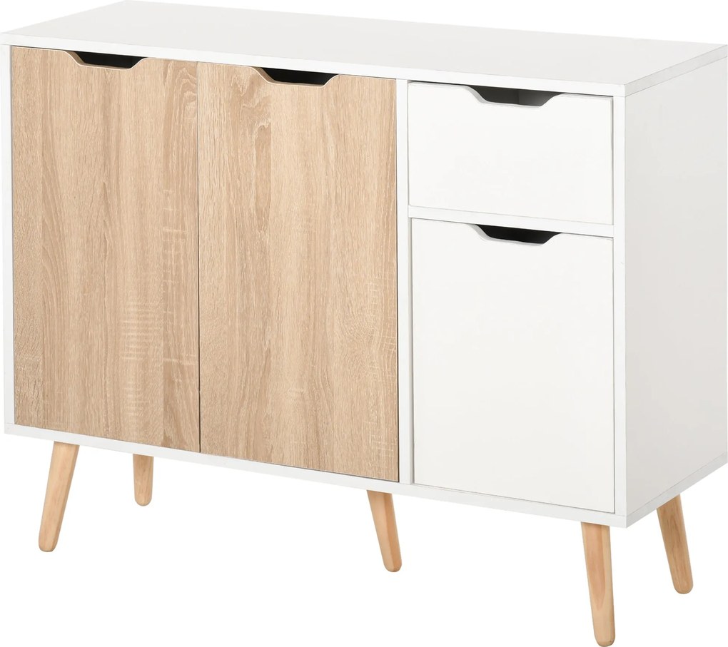 HOMCOM Moderní komoda se 3 dvířky a zásuvkou 90x30x72 cm Bílá a přírodní dřevo | Aosom