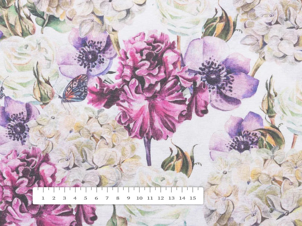 Biante Dekorační běhoun na stůl PML-108 Fialové květiny s motýlky na bílém 35x180 cm
