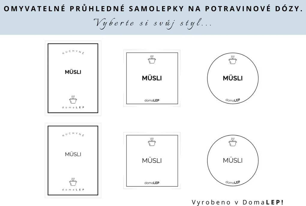 MÜSLI - omyvatelná samolepka na dózu, výběr rozměrů Ø 5 cm / 5 x 5 cm / 6 x 8 cm | DomaLEP tvar: OBDÉLNÍK, barva: PRŮHLEDNÁ - ČERNÉ písmo, velikost: š. 6 cm x v. 8 cm – základní písmo