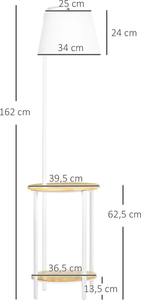 HOMCOM Stojací lampa 162 cm 40 W Stojací lampa se 2 policemi a plátěným stínidlem z bílého kovu do obývacího pokoje a ložnice