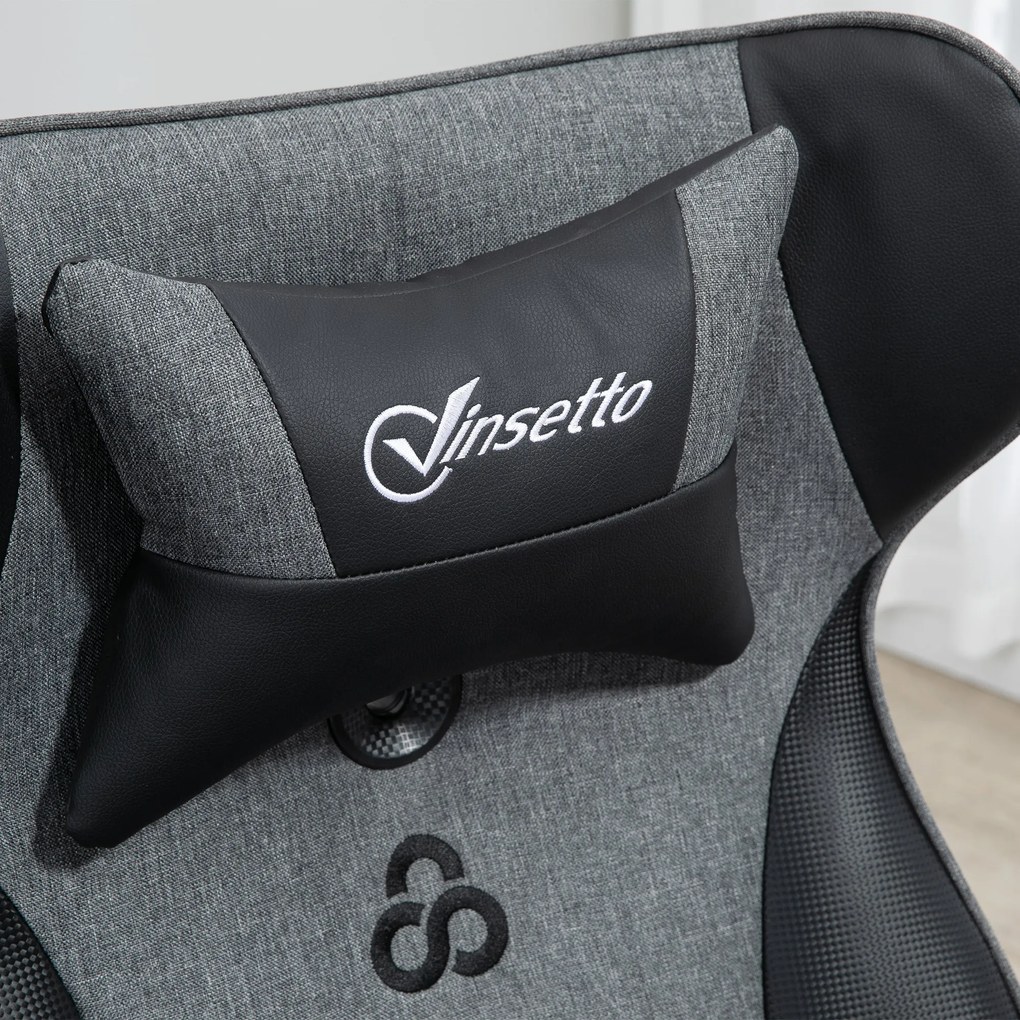 Ergonomická herní židle Vinsetto s nastavitelnou výškou, kulatou základnou, sklápěcími opěrkami, podhlavníkem a bederními polštáři, PU šedá černá