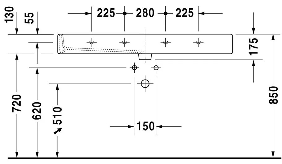 Duravit Vero - Umyvadlo, 1 otvor pro armaturu propíchnutý, 120 x 47 cm, bílé 0454120000