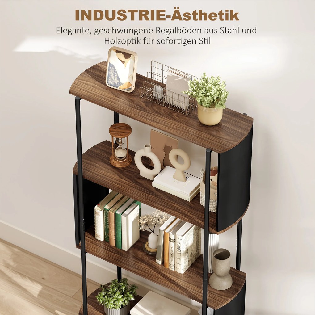HOMCOM 4patrový úložný regál s 4 policemi, zahnuté bočnice, industriální ocelový rám pro kancelář, obývák, ložnici — 80 x 30 x 141 cm, hnědá