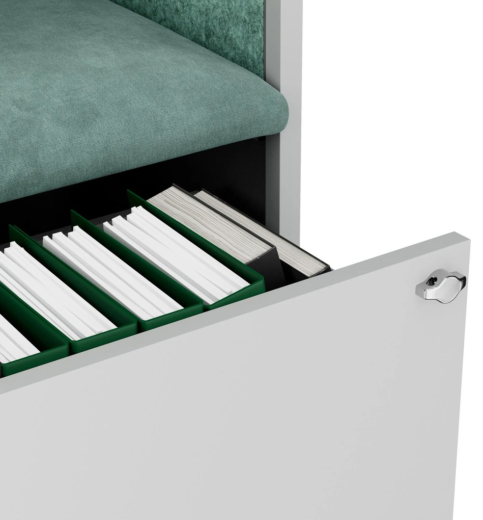 Kancelářská akustická kabina se sedátkem a USB-C portem, korpus šedý / sedák zelený, 1150 mm: SALLY MentalBox