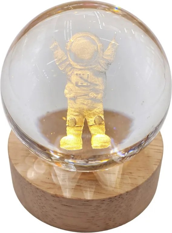 LED stolní lampička na dřevěném podstavci - Kosmonaut - Ø 6 cm / USB