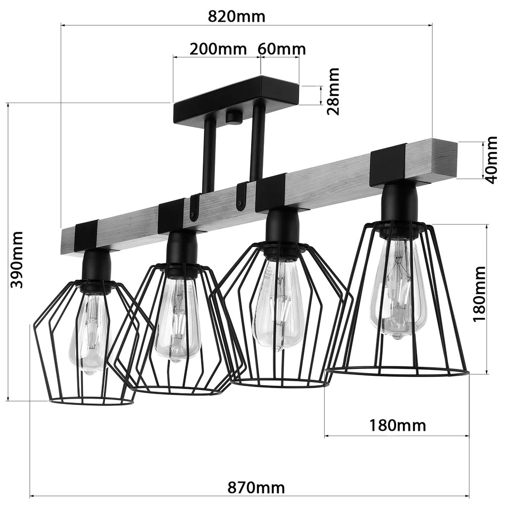 Light for home - Lustr na tyči 20955 "CAMEROON", 4x60W, E27, černá, přírodní olše