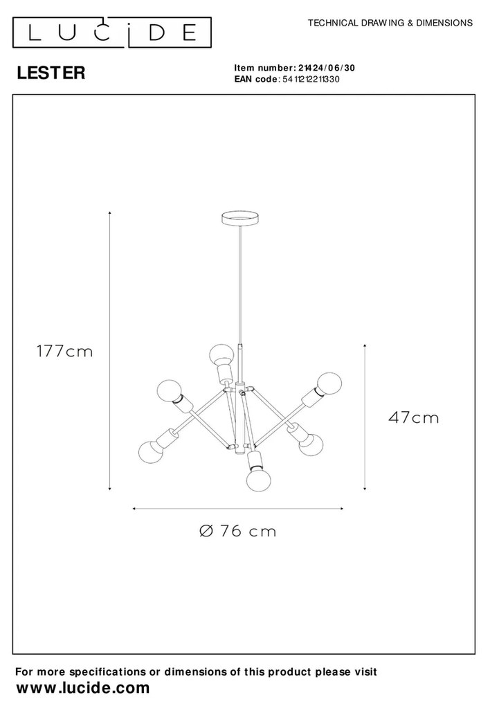 Lucide 21424/06/30 závěsný lustr Lester černý, 6xE27, ø76cm