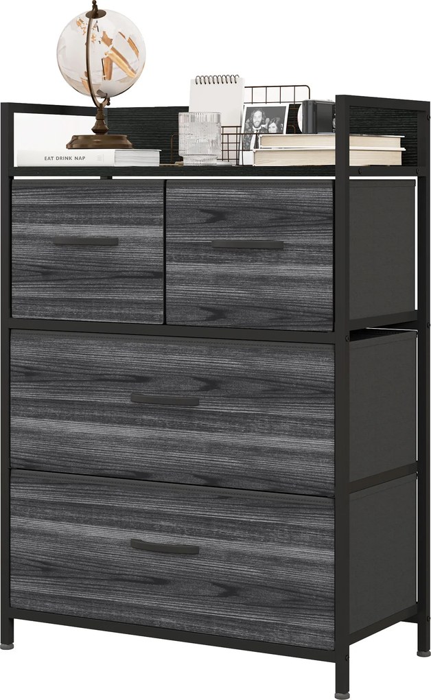 HOMCOM komoda, sideboard, 4 látkové zásuvky, průmyslový design, 60x29x85 cm, černá