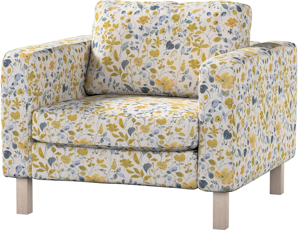 Potah na křeslo IKEA Karlstad, krátký barva žlutá látka pletený vzor, vzorované