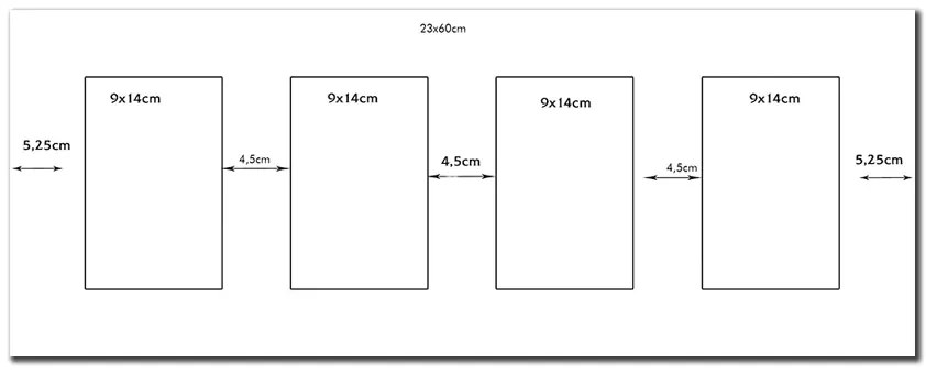 Pasparta do rámečku 23x60cm - Panorama Velikost: 23x60cm, výsek: 9x14cm - 2x + 14x9cm - 2x (pro 4 foto 10x15cm), Barva pasparty: Černá