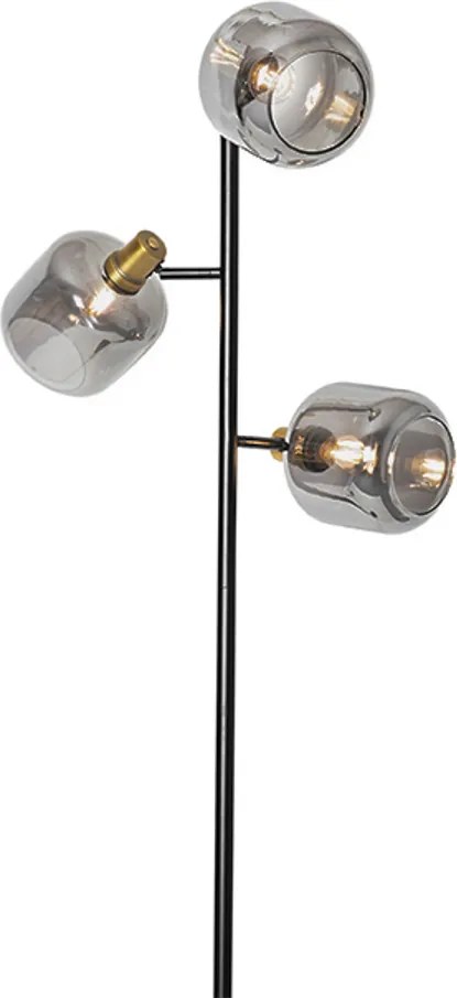 Stojací lampa černá se zlatem a kouřovým sklem 3-světlo - Zuzanna