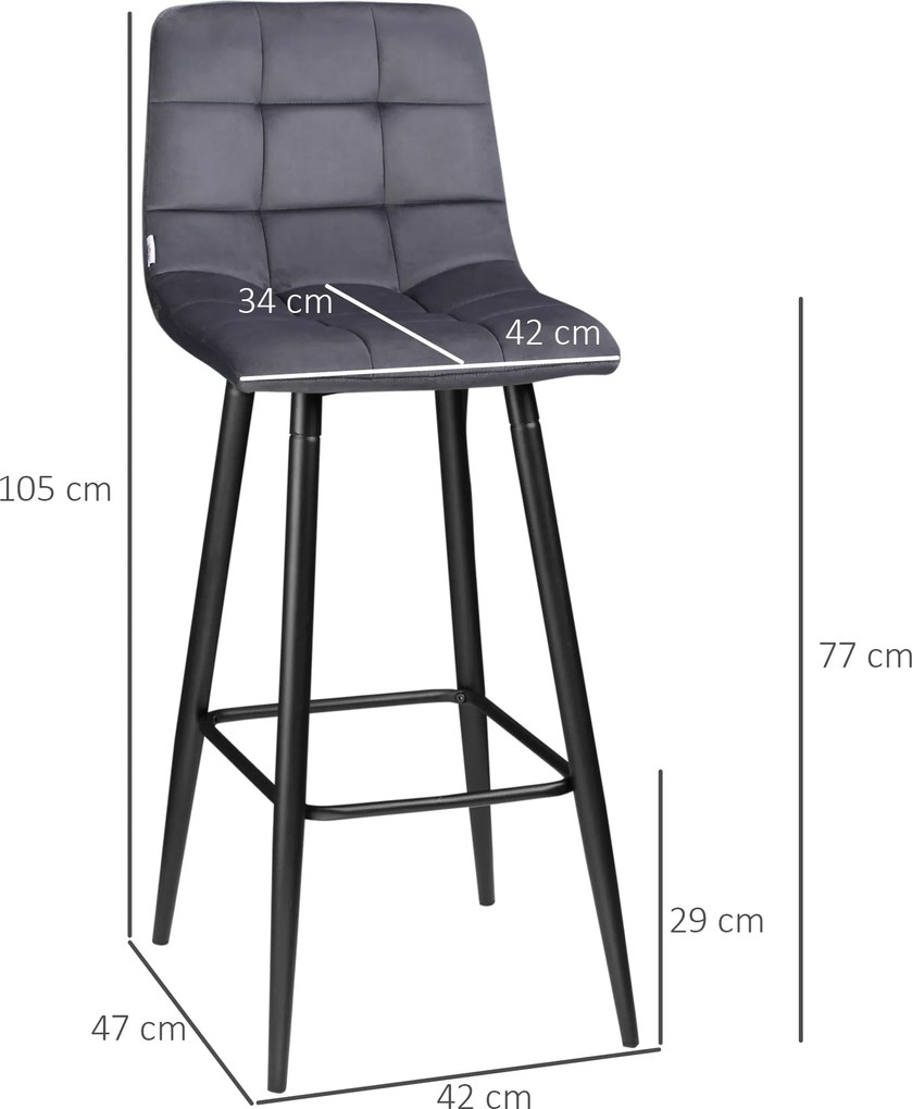 HOMCOM Barová židle sada 2 ks do kuchyně, moderní design, sametový potah, ocelové nohy, protiskluzové krytky nohou, do 120 kg, 42 x 47 x 105 cm, šedá…