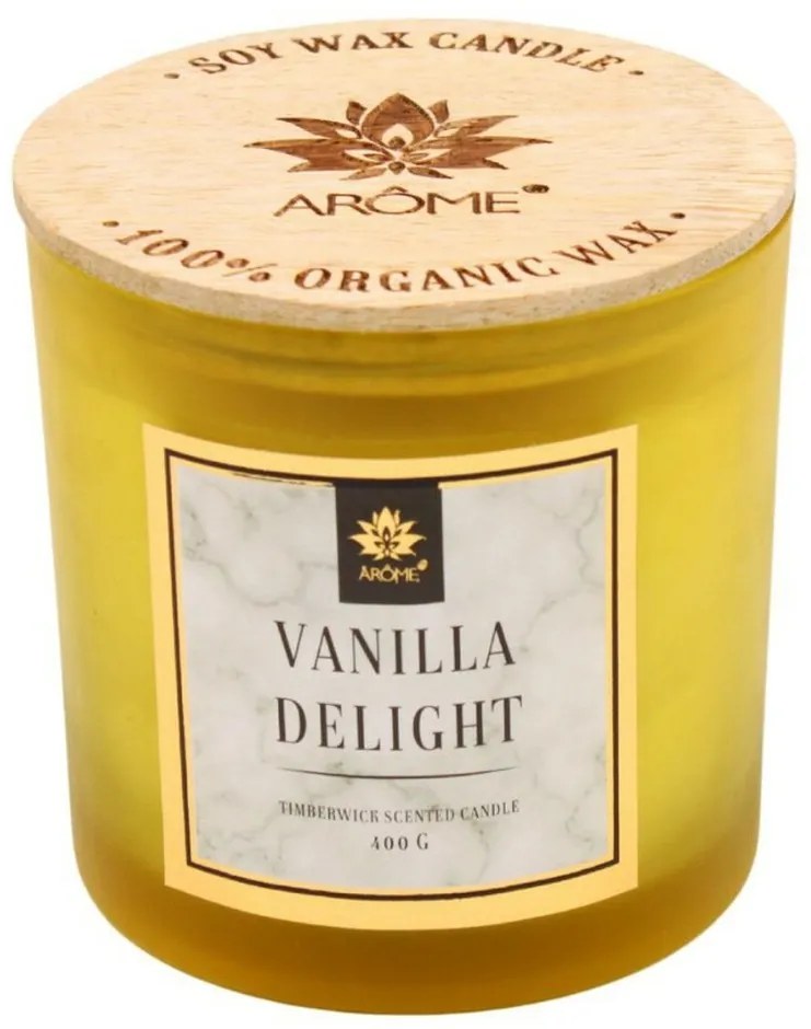 Arome Sójová svíčka Vanilla delight 400 g s dřevěným knotem a víčkem