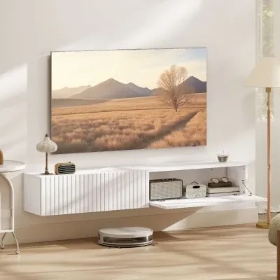 HOMCOM závěsný televizní nábytek 140 cm, TV lowboard pro televize až 182,9 cm, 2 výklopné dveře, 140x25x22 cm, bílá
