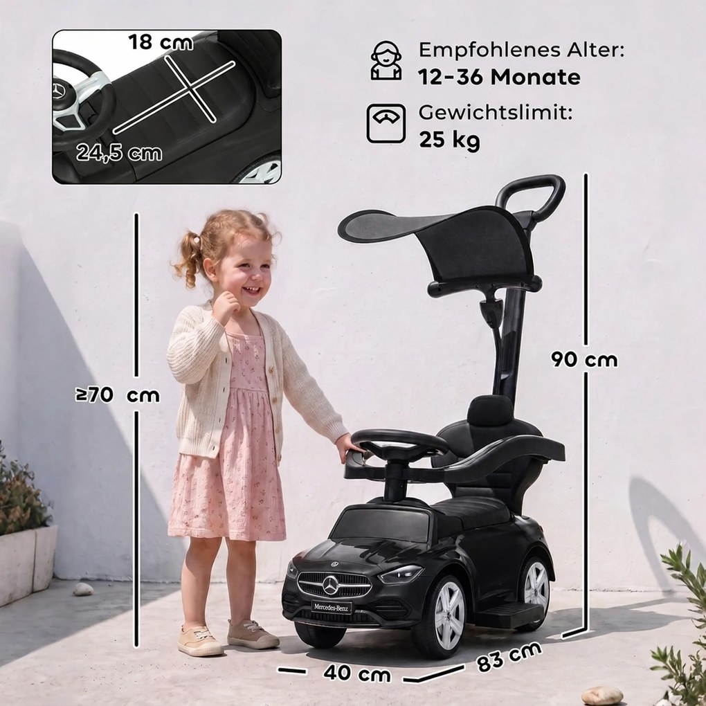 AIYAPLAY 3-v-1 jezdící auto s tlačnou tyčí Mercedes-Benz jezdící vozidlo s volantu, klaksonem, hudbou, střechou, úložným prostorem pod sedadlem, černé