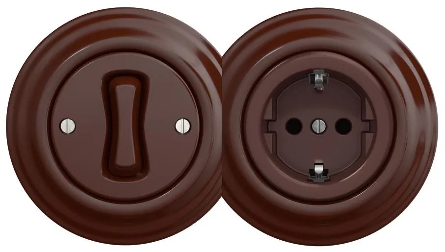 Kliklap - Retro jednopólový vypínač č. 1 a zásuvka SCHUKO 230V s rámečkem hnědá 2xKA0035+KA0028+KA0109