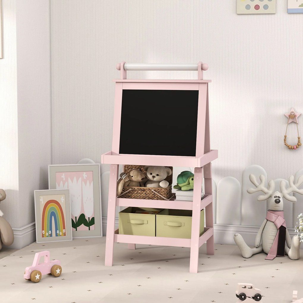 AIYAPLAY Dětský Easel 3 v 1 Dvousečný Magnetický Dětský Malířský Easel s Papírovým Rolem a Úložnými Košíky 59x48x118 cm Růžový