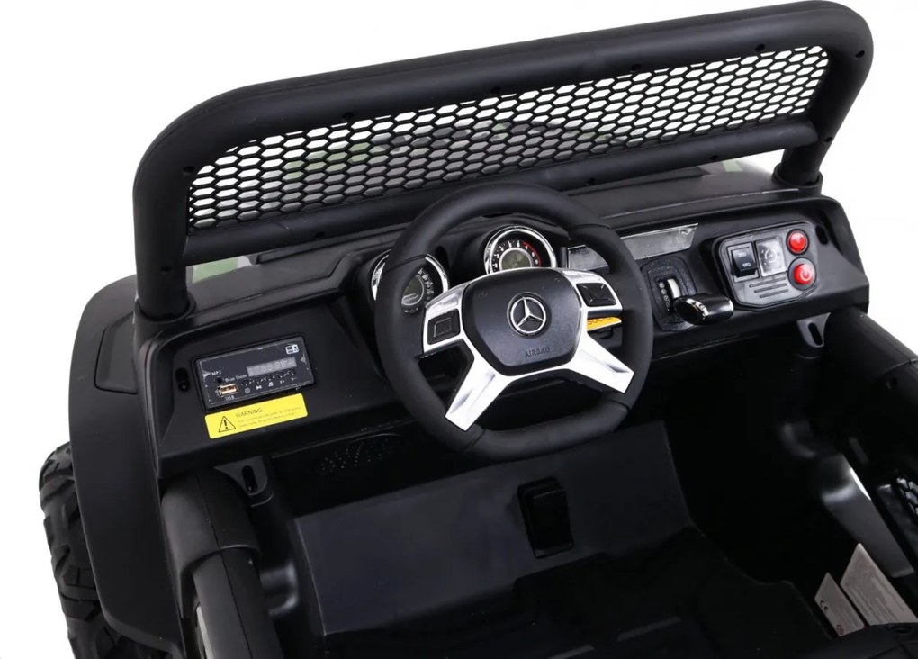 Ramiz Mercedes Benz Unimog elektrické autíčko pro děti maskáčové + pohon 4x4 + dálkové ovládání + nosič zavazadel + pomalý start + rádio MP3 + LED