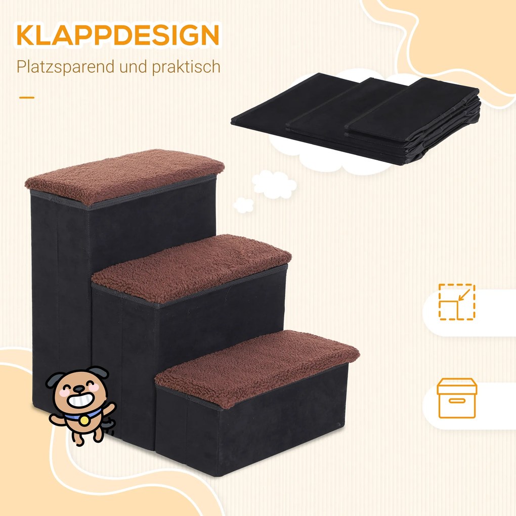 PawHut schody pro domácí mazlíčky skládací schody pro kočky schody pro psy se 3 stupni úložný prostor pro kočky a psy MDF černá 40x54x48cm