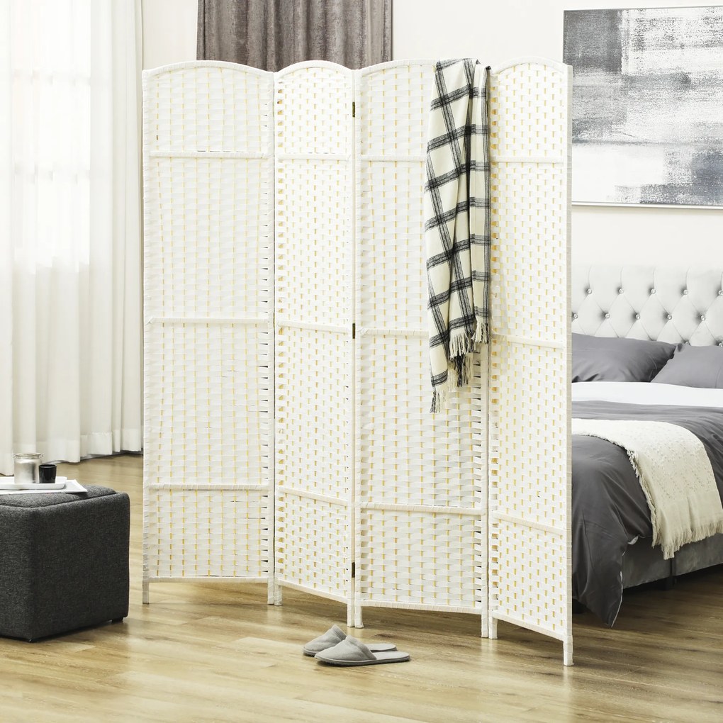 HOMCOM 4-panelový Rozdělovací Panel 160 x 170 cm Bambusový Skládací Předěl na Soukromí pro Obývací Pokoj Bílý