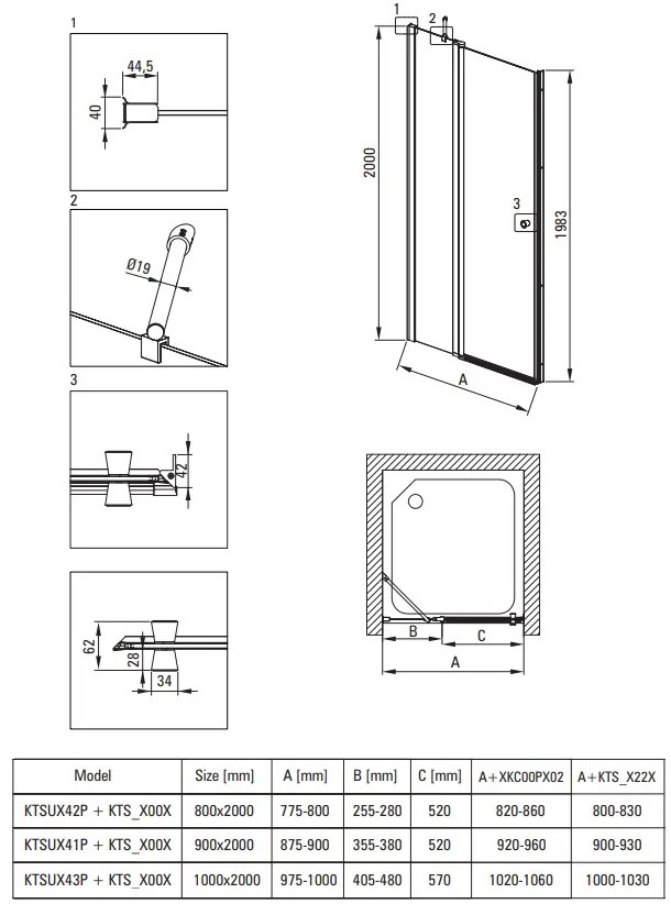 Deante Kerria Plus, 1-křídlé sprchové dveře 100x200 cm, 6mm čiré sklo, černý profil, DEA-KTSUN43P