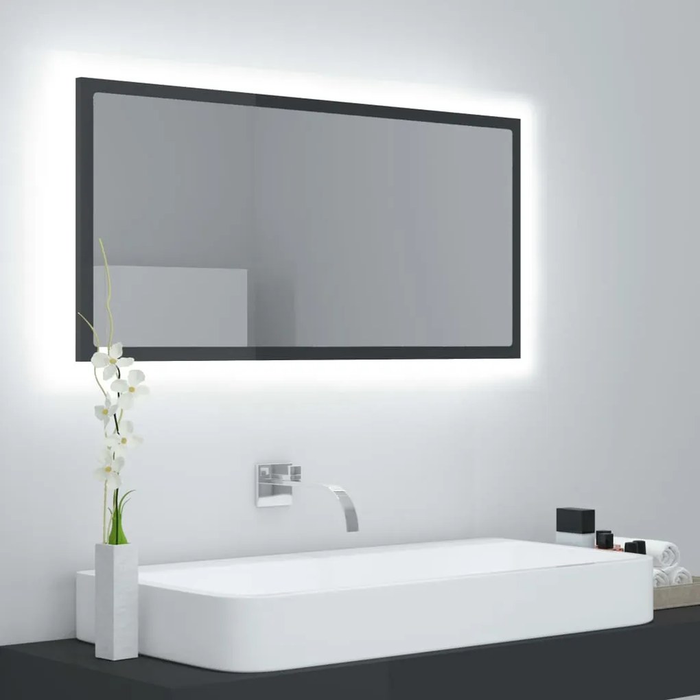 804939 vidaXL LED koupelnové zrcadlo lesklé šedé 90 x 8,5 x 37 cm dřevotříska
