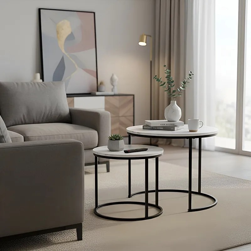 Velaco Set 2 konferenčních stolků TIG-1 70, imitace bílého mramoru/černá