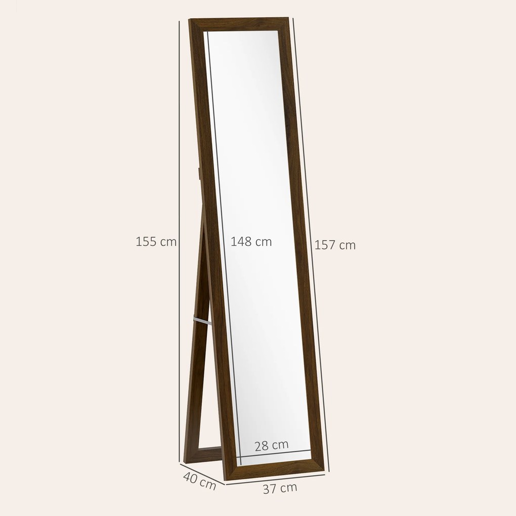 HOMCOM Plné tělo zrcadlo 157x37 cm s MDF rámem, stojící s nakloněním nebo závěsné, ořech