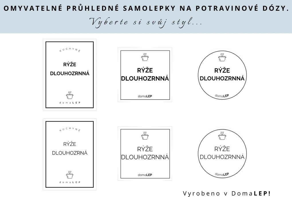 RÝŽE DLOUHOZRNNÁ - omyvatelná samolepka na dózu, výběr rozměrů Ø 5 cm / 5 x 5 cm / 6 x 8 cm | DomaLEP tvar: OBDÉLNÍK, barva: PRŮHLEDNÁ - ČERNÉ písmo, velikost: š. 6 cm x v. 8 cm – základní písmo