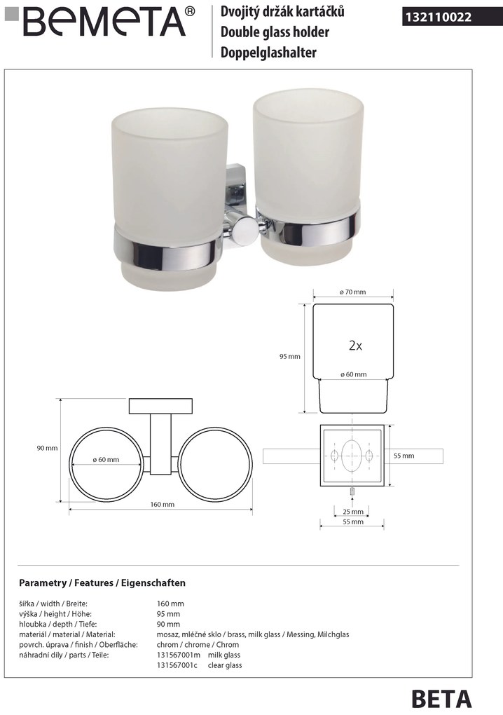 Bemeta Design BETA: Držák kartáčků, dvojitý, sklo -