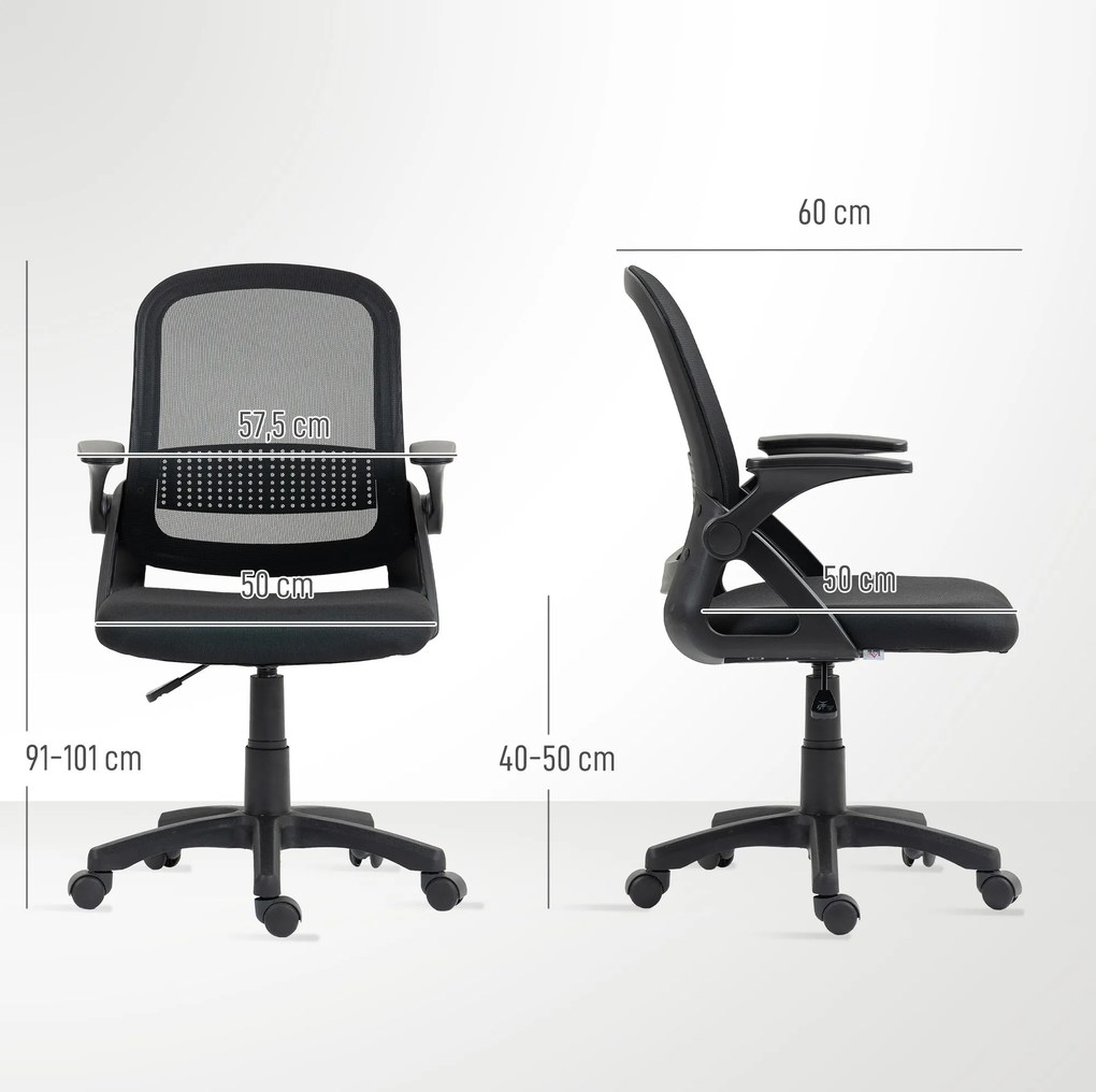 HOMCOM ergonomická síťovaná kancelářská židle se sklopnými područkami, bederní oporou a nastavitelnou výškou — černá
