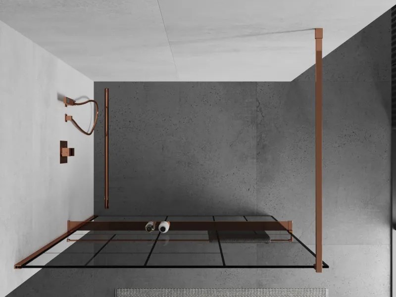 Mexen Kioto+, sprchová zástěna s poličkou a držákem na ručníky 140 x 200 cm, 8mm čiré sklo vzor černý, profil růžové zlato, 800-140-121-60-78