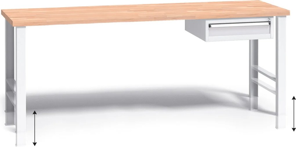 Výškově nastavitelný pracovní stůl do dílny G3 se závěsným boxem na nářadí, buková spárovka, 1 zásuvka, 2000 x 685 x 840 - 1050 mm, šedá
