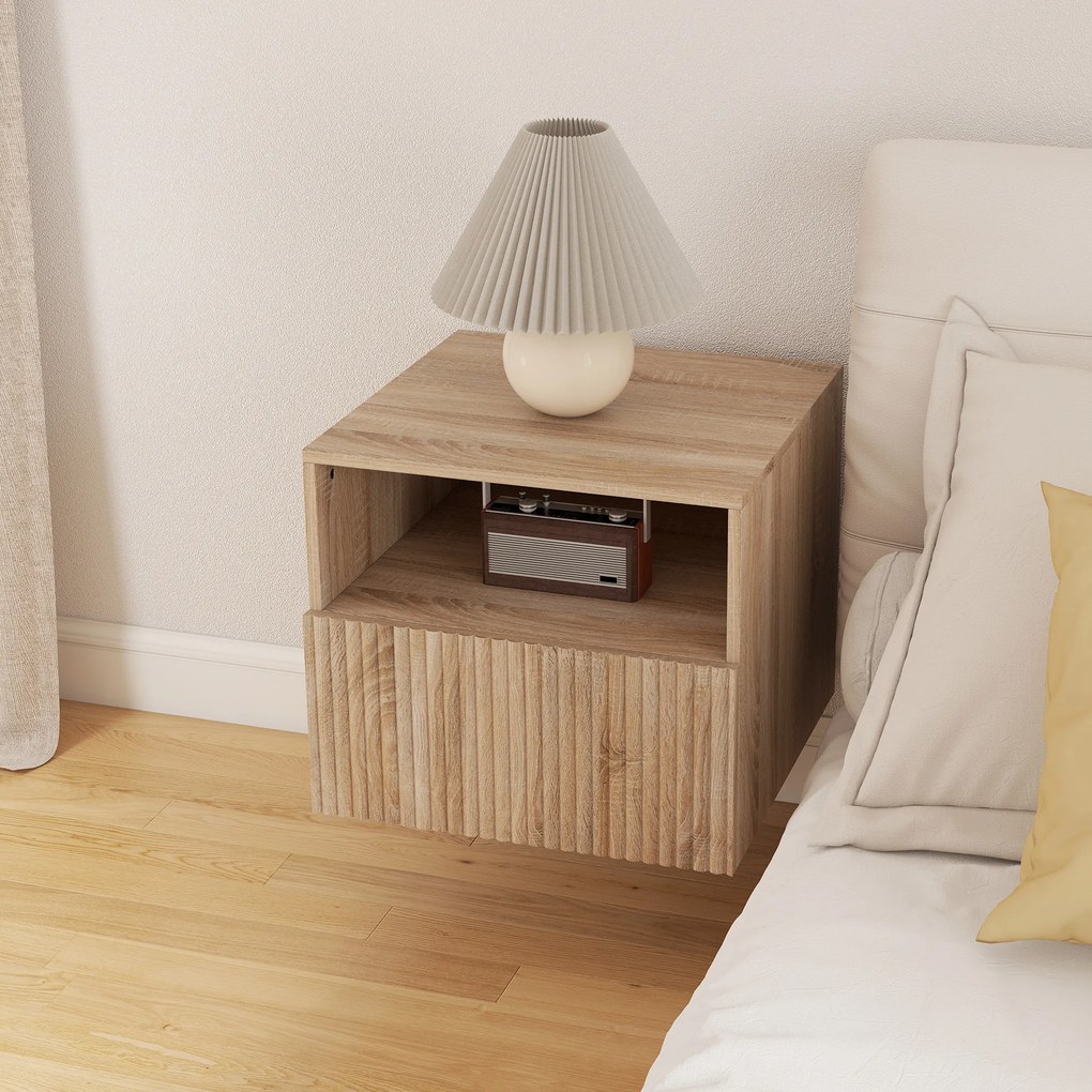 HOMCOM Noční stolek, design bez úchytek, otevřená přihrádka, zásuvka, montáž na zeď, světle hnědá