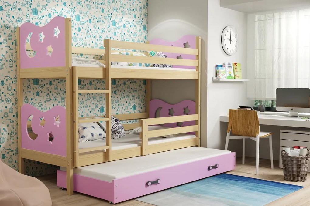 ImportWorld Dětská patrová postel Bohdan - 3 osoby, 90x200 s výsuvnou přistýlkou – Borovice, Růžová