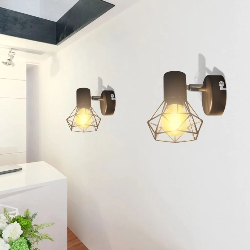 2 Černá Industriální Nástěnná Svítidla Drátěná Stínidla A Led Žárovky