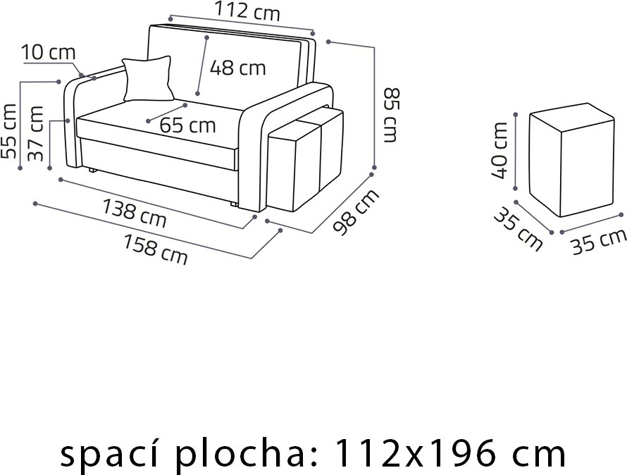Pohovka VIVA II HOME + 2x taburet v ceně | 158 cm | PRAVÁ | rozkládací + úložný prostor | VÝBĚR TKANIN