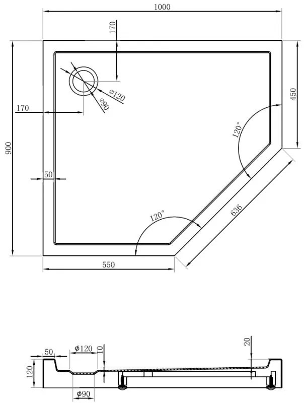 Mexen Flow+, pětiúhelníková sprchová vanička, levá, 100 x 90 cm, bílá lesklá, 46P109010LH