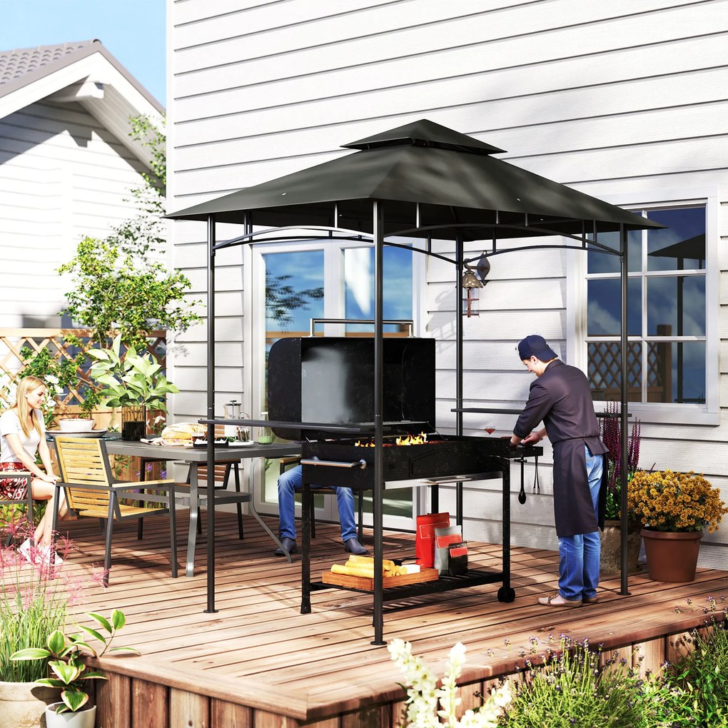 Outsunny BBQ pavilon s LED 240 x 150 x 258 cm, voděodolný a ohnivzdorný zahradní pavilon s dvouvrstvou střechou, bočními policemi, zahradní pergola s…