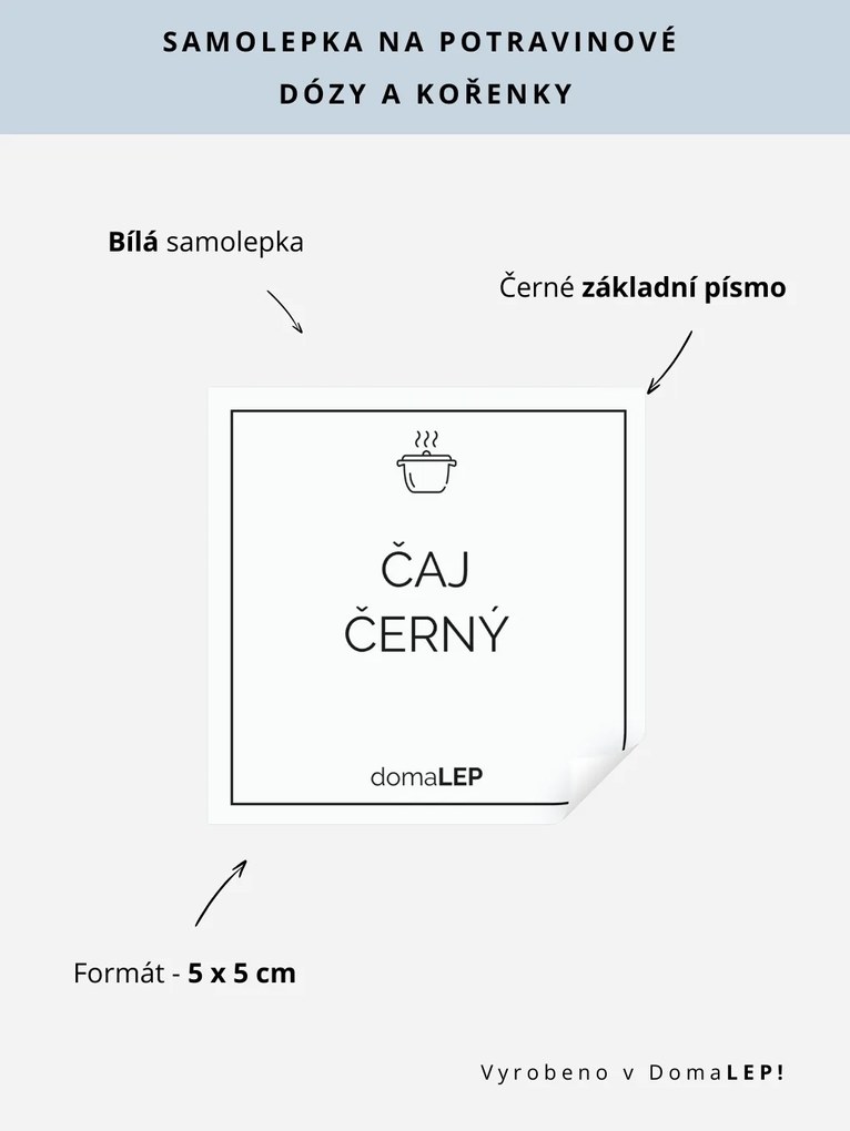ČAJ ČERNÝ – bílá samolepka na dózu, základní písmo, 5 × 5 cm | DomaLEP