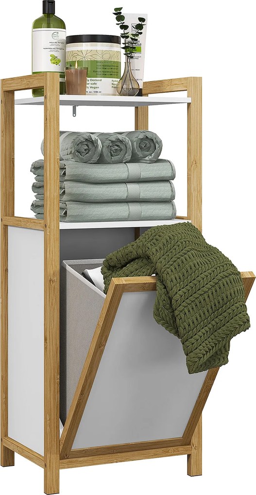 HOMCOM Bamboo Freestanding Laundry Hamper Cabinet - Koupelnová skříňka s proutěným košem - 2 police - 40L x 30Š x 86,5V cm