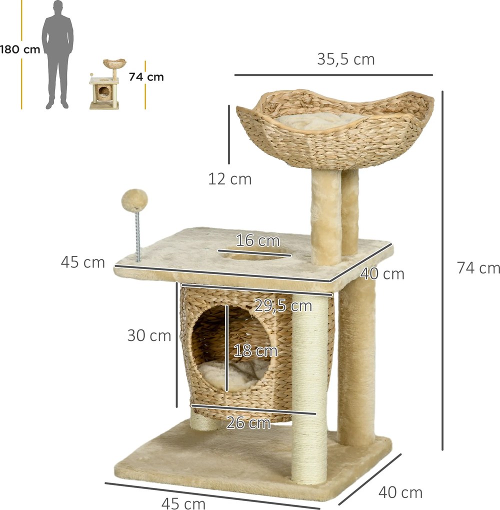 PawHut škrabadlo pro kočky malé, kočičí strom 74 cm s jeskyní pro kočky, míč na hraní, vnitřní šplhací věž s pelíškem, škrabací nábytek pro kočky do …
