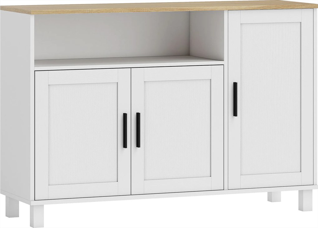HOMCOM komoda do kuchyně s tlumenými dvířky, 2 skříně a otevřená přihrádka z dřeva, 110x33x75 cm, bílá